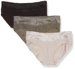 warner's womens blissful benefits no muffin cotton stretch lace multipack hipster panties, stone crystal web/platinum/black, large us