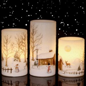 eldnacele snowman christmas deco flameless flickering candles with automatical daily cycle timer, white battery-operated led pillar candles snowman decals 3 pack (d3” x h 4” 5” 6”) – snowman