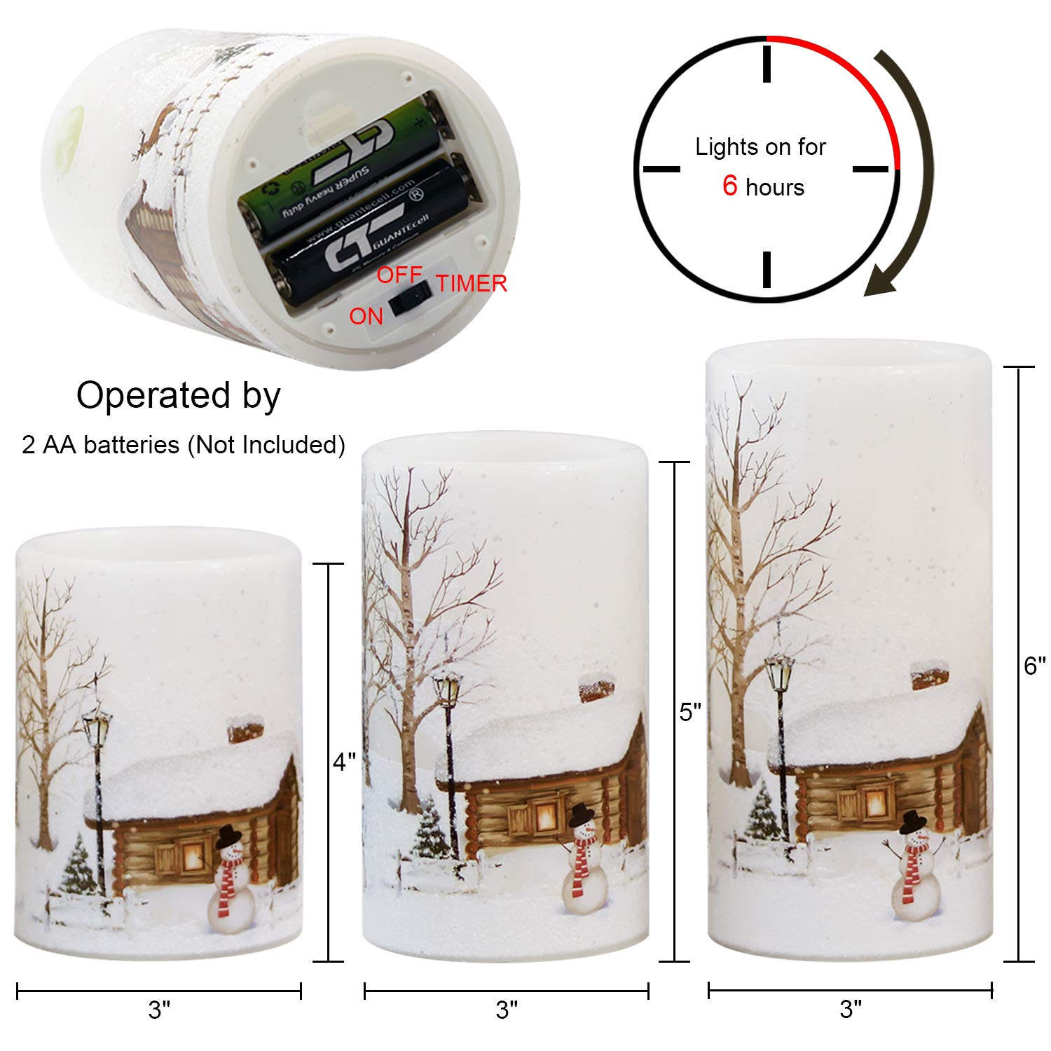 Eldnacele Snowman Christmas Deco Flameless Flickering Candles with Automatical Daily Cycle Timer, White Battery-Operated LED Pillar Candles Snowman Decals 3 Pack (D3” x H 4” 5” 6”) – Snowman