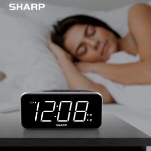 Sharp Alarm Clock Jumbo Easy to Read Display – 3 Step Dimmer Control – Dual Alarms, Battery Back-up, Black with White LED