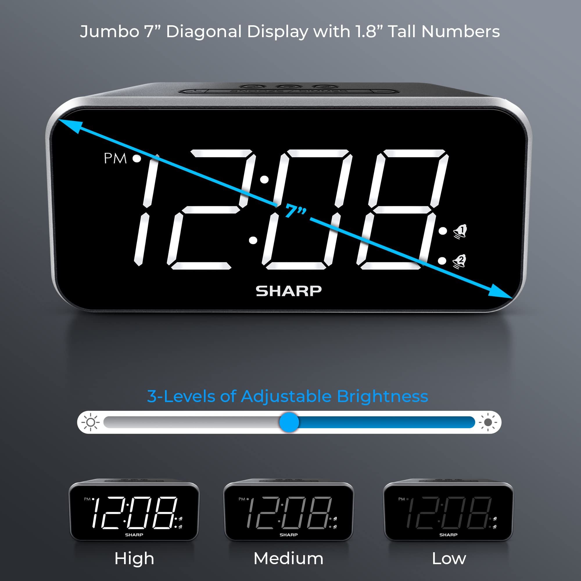 Sharp Alarm Clock Jumbo Easy to Read Display – 3 Step Dimmer Control – Dual Alarms, Battery Back-up, Black with White LED