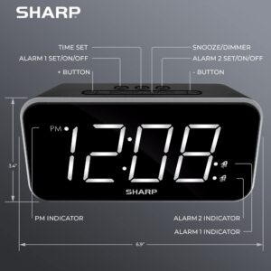 Sharp Alarm Clock Jumbo Easy to Read Display – 3 Step Dimmer Control – Dual Alarms, Battery Back-up, Black with White LED