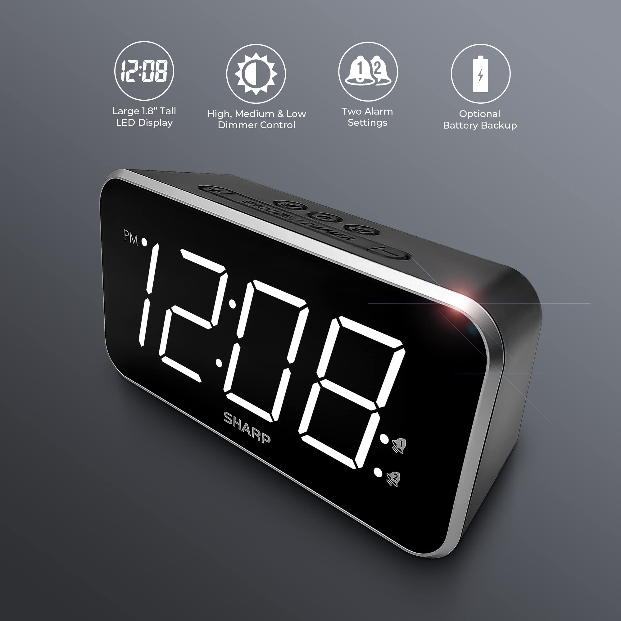 Sharp Alarm Clock Jumbo Easy to Read Display – 3 Step Dimmer Control – Dual Alarms, Battery Back-up, Black with White LED