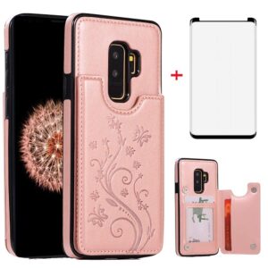 phone case for samsung galaxy s9 plus with tempered glass screen protector and card holder wallet cover stand flip leather cell accessories glaxay s9+ 9s 9+ s 9 9plus s9plus cases women rose gold