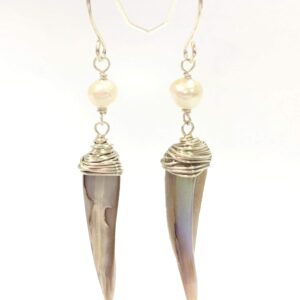 Natural Baroque Pearl and Shell Spike Dangle Earrings, Cultured Pearl, Natural Shell, Sterling Silver Ear Wire, Pearl White, Handmade -2~2 1/4 Inches Long with Ear Wire