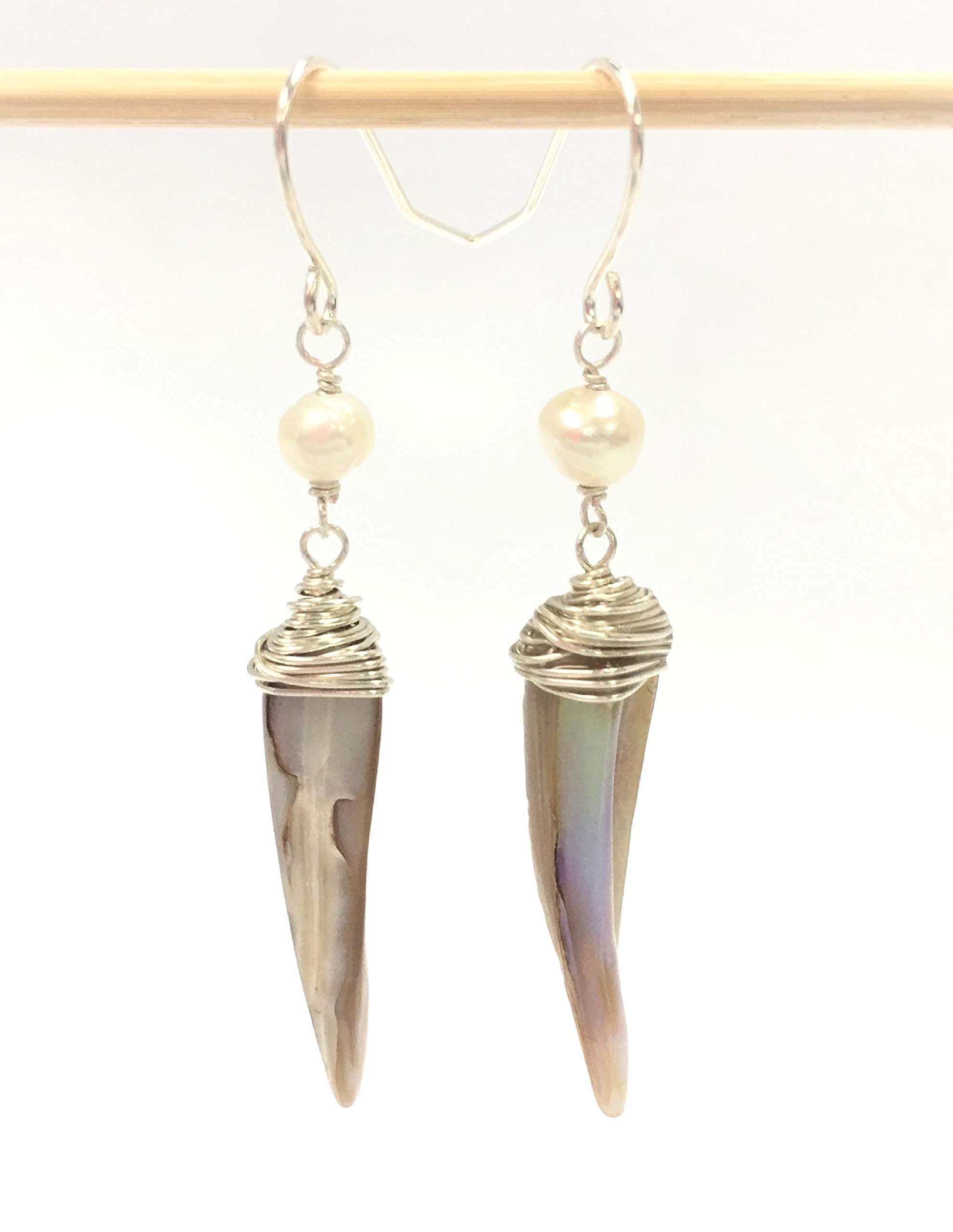 Natural Baroque Pearl and Shell Spike Dangle Earrings, Cultured Pearl, Natural Shell, Sterling Silver Ear Wire, Pearl White, Handmade -2~2 1/4 Inches Long with Ear Wire