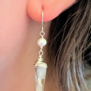 Natural Baroque Pearl and Shell Spike Dangle Earrings, Cultured Pearl, Natural Shell, Sterling Silver Ear Wire, Pearl White, Handmade -2~2 1/4 Inches Long with Ear Wire