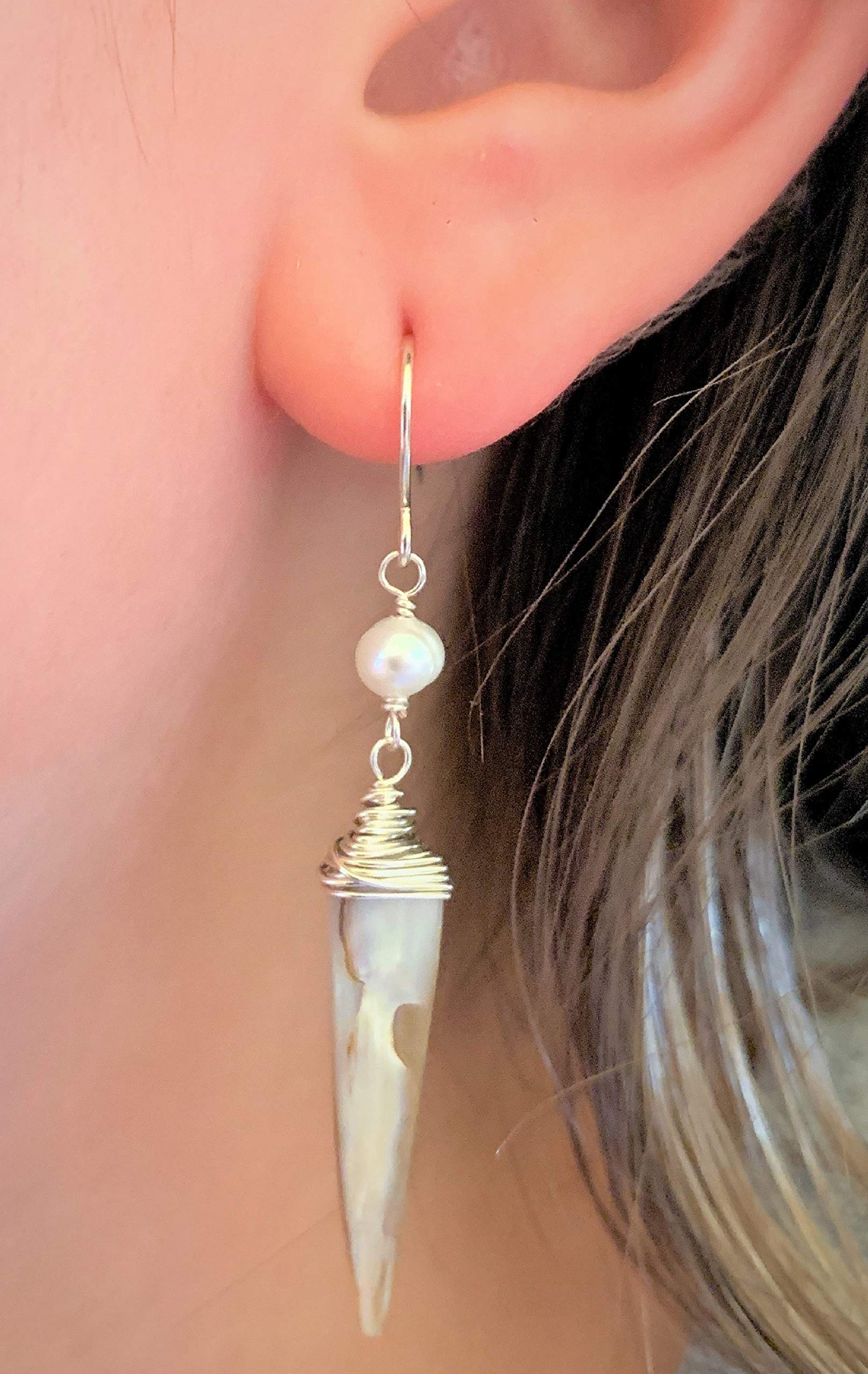 Natural Baroque Pearl and Shell Spike Dangle Earrings, Cultured Pearl, Natural Shell, Sterling Silver Ear Wire, Pearl White, Handmade -2~2 1/4 Inches Long with Ear Wire