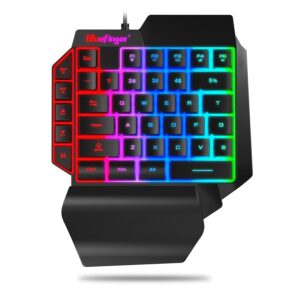 one hand rgb gaming keyboard,usb wired rainbow letters glow single hand keyboard with wrist rest support multimedia keys, backlit ergonomic mechanical feeling keyboard for game