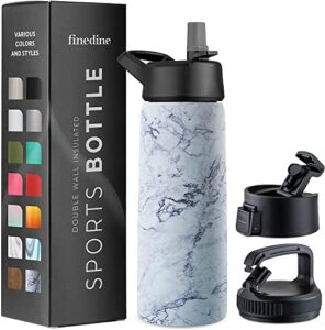 finedine triple walled, insulated water bottles with straw - 25 oz stainless steel metal bottle w/ 3 leak proof lids - for travel, school, sports, gym/men, women & kids - fresh white marble