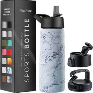 FineDine Triple Walled, Insulated Water Bottles with Straw - 25 Oz Stainless Steel Metal Bottle W/ 3 Leak Proof Lids - For Travel, School, Sports, Gym/Men, Women & Kids - Fresh White Marble