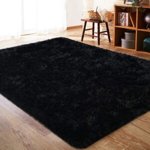 iseau black rug for living room, fluffy 5x8 feet area rug carpets soft shaggy rugs for bedroom, fuzzy and comfy shag large rug for teen's dorm boys kids nursery room decor