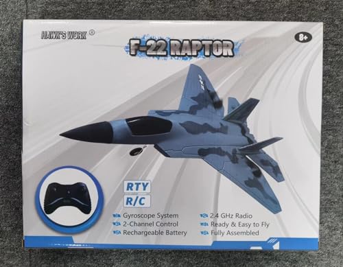 HAWK'S WORK 2 CH RC Airplane, F-22 Plane Ready to Fly, 2.4GHz Remote Control, Easy to Fly RC Glider for Kids & Beginners