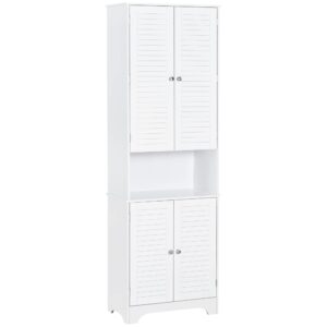 homcom tall narrow bathroom storage cabinet with doors and shelf adjustability, freestanding bathroom linen cabinet with 2 cabinets and countertop, bathroom floor cabinet, white