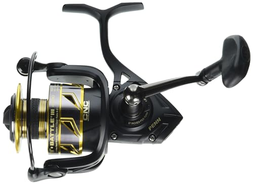 PENN Battle III Spinning Inshore Fishing Reel, HT-100 Front Drag, max of 15lb | 6.8kg, Made with Sturdy All-Aluminum Composition for Durability, 4000, Black and Red