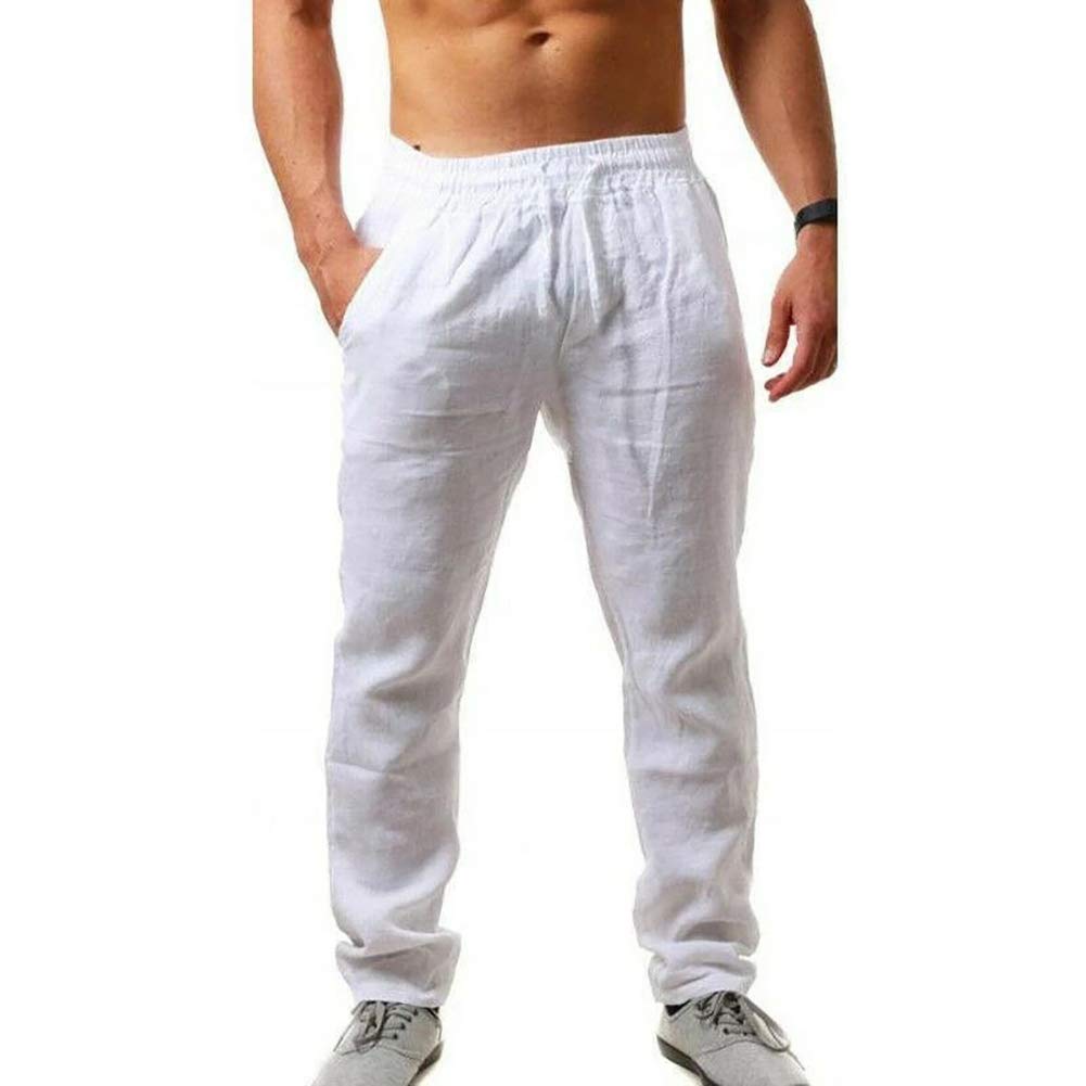 MorwenVeo Men's Linen Pants Casual Long Pants - Loose Lightweight Drawstring Yoga Beach Trousers Casual Trousers - 6 Colors White