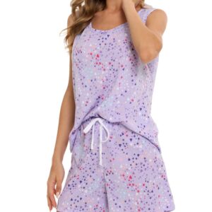 ENJOYNIGHT Womens Pajamas Set Cute Sleeveless Print Tank and Shorts Pj Set Summer Sleepwear (Large,PU) Purple