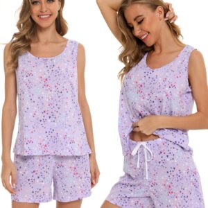 ENJOYNIGHT Womens Pajamas Set Cute Sleeveless Print Tank and Shorts Pj Set Summer Sleepwear (Large,PU) Purple