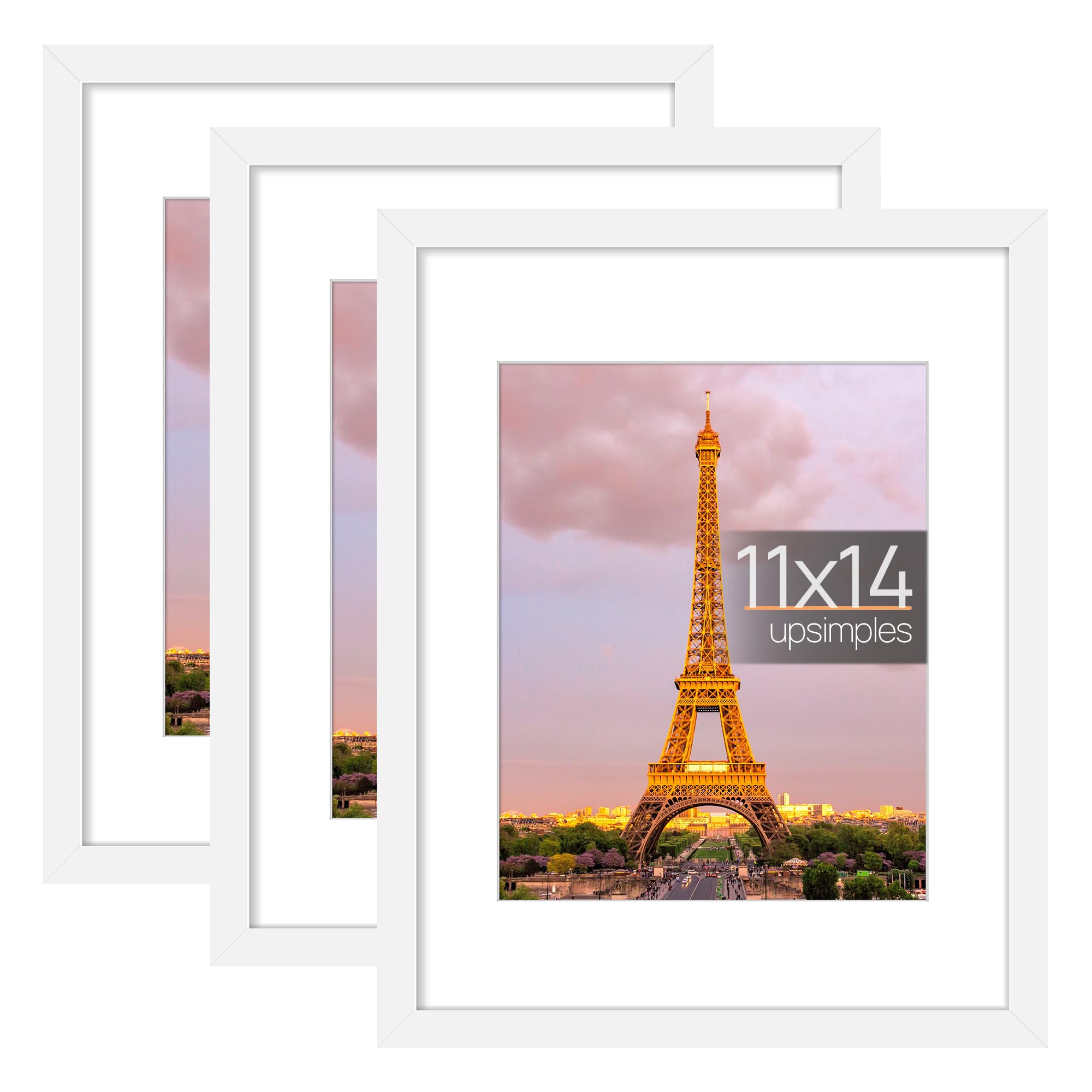 upsimples 11x14 Picture Frame Set of 3, Made of High Definition Glass for 8x10 with Mat or 11x14 Without Mat, Wall and Tabletop Display Photo Frames, White