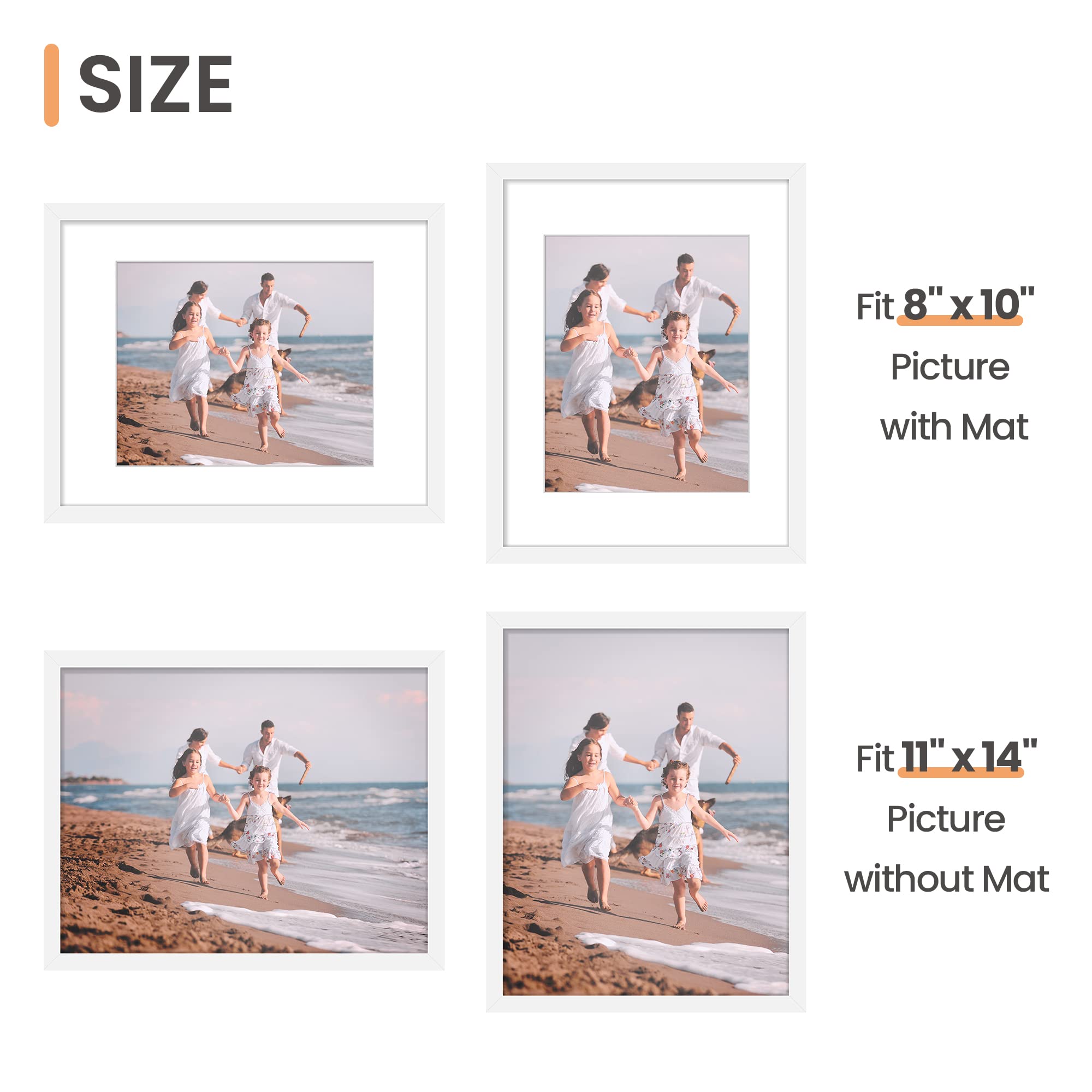 upsimples 11x14 Picture Frame Set of 3, Made of High Definition Glass for 8x10 with Mat or 11x14 Without Mat, Wall and Tabletop Display Photo Frames, White