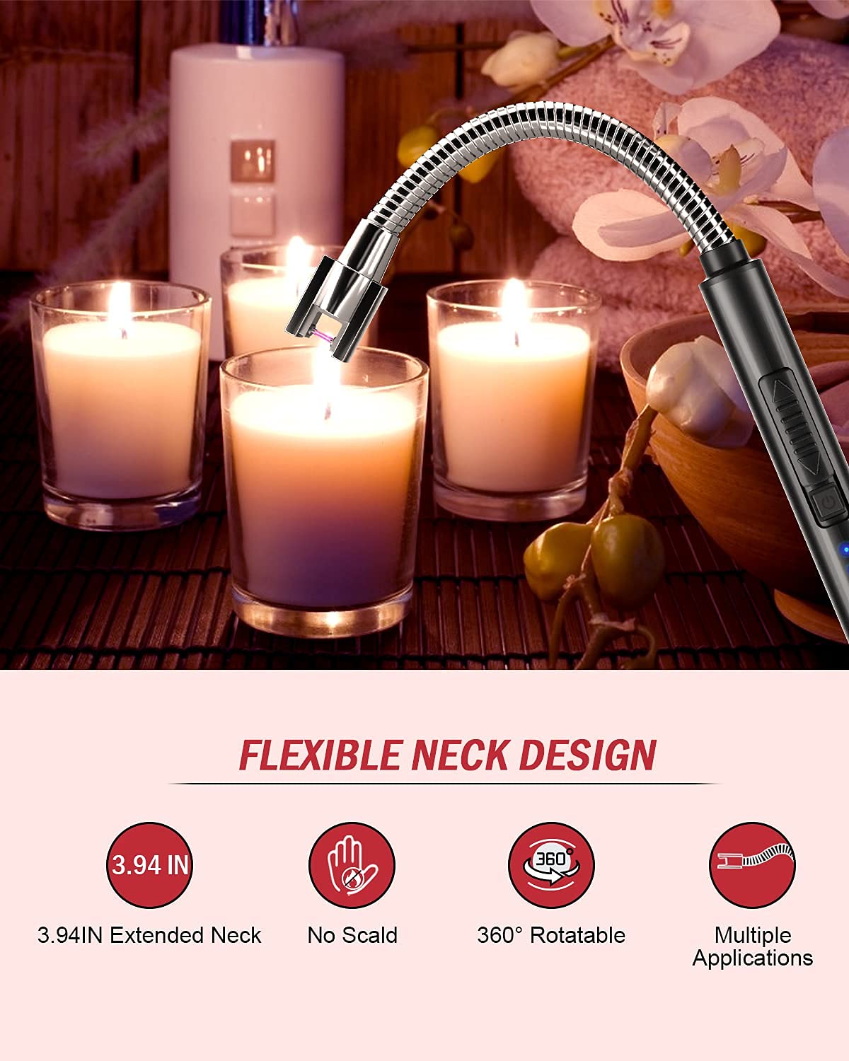 Candle Lighter Electric Arc Lighter with USB Rechargeable Battery Plasma Flameless & Windproof Lighters Double Safety Switch (Obsidian Black)