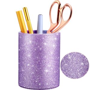 pu glitter pen holder pencil cup shiny for women girls, luxury makeup brush holder pu leather organizer cup gift for desk office classroom home (purple)