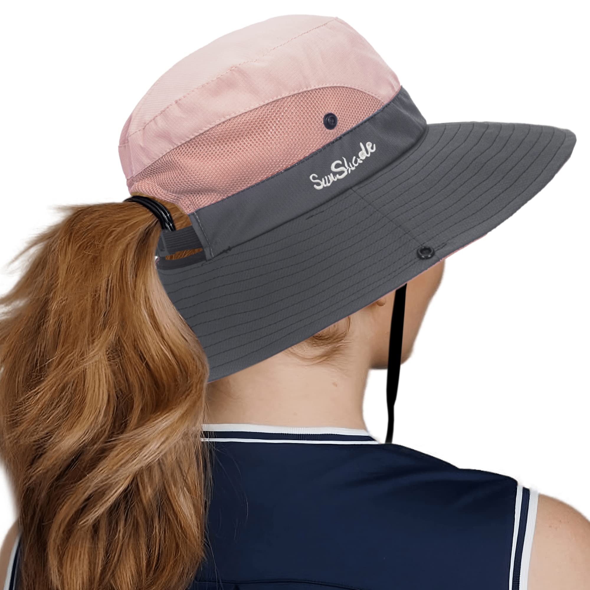 Womens Beach Sun Hat Mesh High Ponytail Hole Wide Brim UV Protection Bucket Hat Outdoor Fishing Cap Summer 22.5" (as1, Alpha, m, Pink)