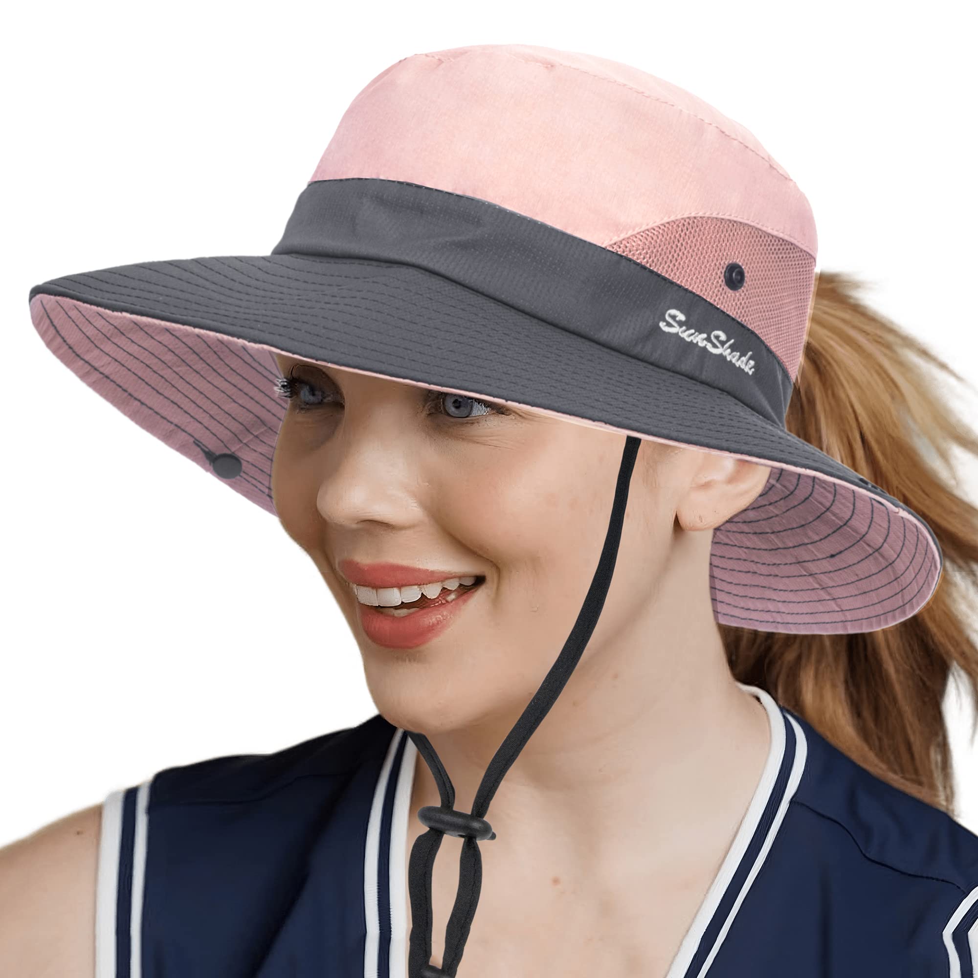 Womens Beach Sun Hat Mesh High Ponytail Hole Wide Brim UV Protection Bucket Hat Outdoor Fishing Cap Summer 22.5" (as1, Alpha, m, Pink)