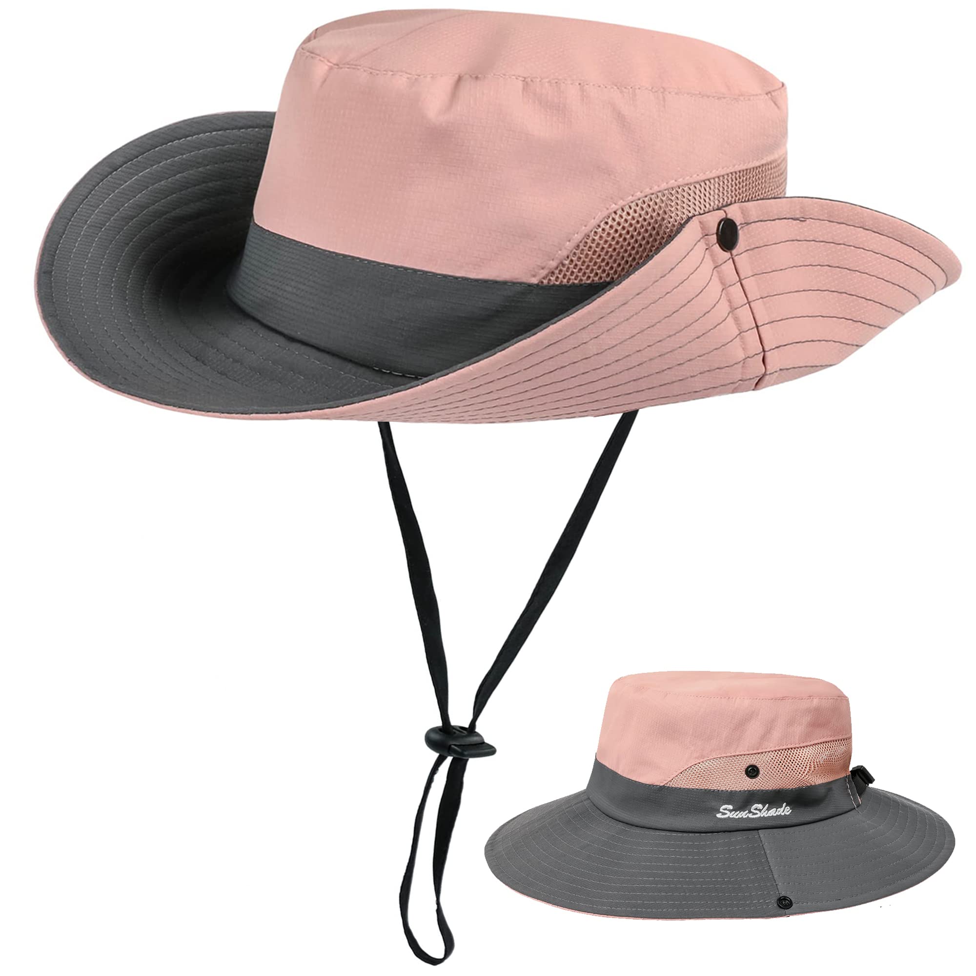 Womens Beach Sun Hat Mesh High Ponytail Hole Wide Brim UV Protection Bucket Hat Outdoor Fishing Cap Summer 22.5" (as1, Alpha, m, Pink)