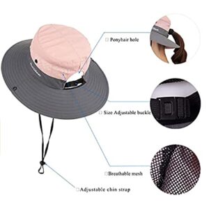 Womens Beach Sun Hat Mesh High Ponytail Hole Wide Brim UV Protection Bucket Hat Outdoor Fishing Cap Summer 22.5" (as1, Alpha, m, Pink)