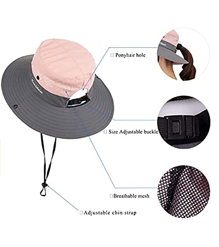 Womens Beach Sun Hat Mesh High Ponytail Hole Wide Brim UV Protection Bucket Hat Outdoor Fishing Cap Summer 22.5" (as1, Alpha, m, Pink)