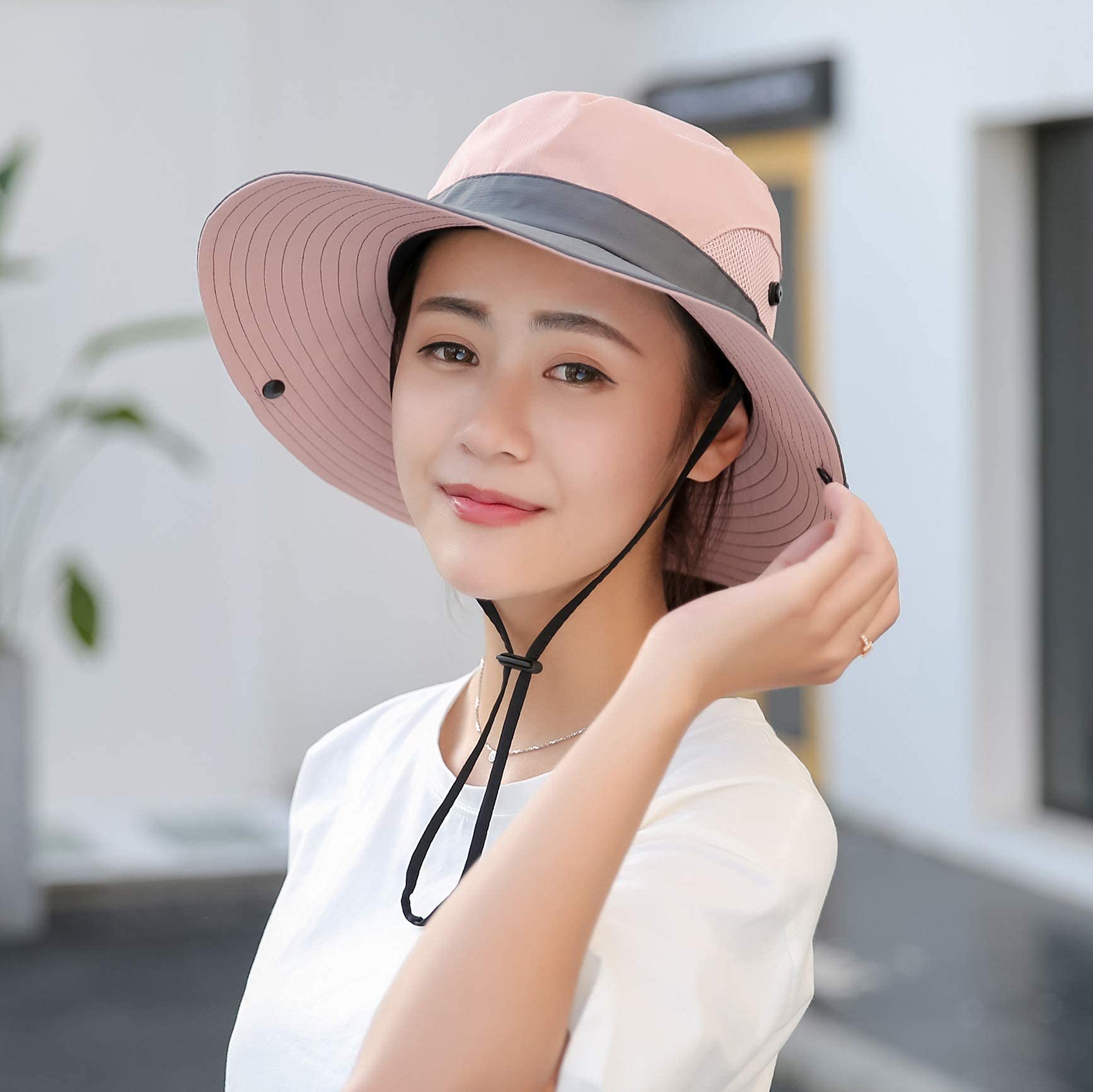 Womens Beach Sun Hat Mesh High Ponytail Hole Wide Brim UV Protection Bucket Hat Outdoor Fishing Cap Summer 22.5" (as1, Alpha, m, Pink)