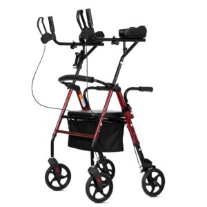 elenker upright walker, stand up rollator walker with padded seat and backrest, lightweight, compact folding, fully adjustment frame for seniors, red