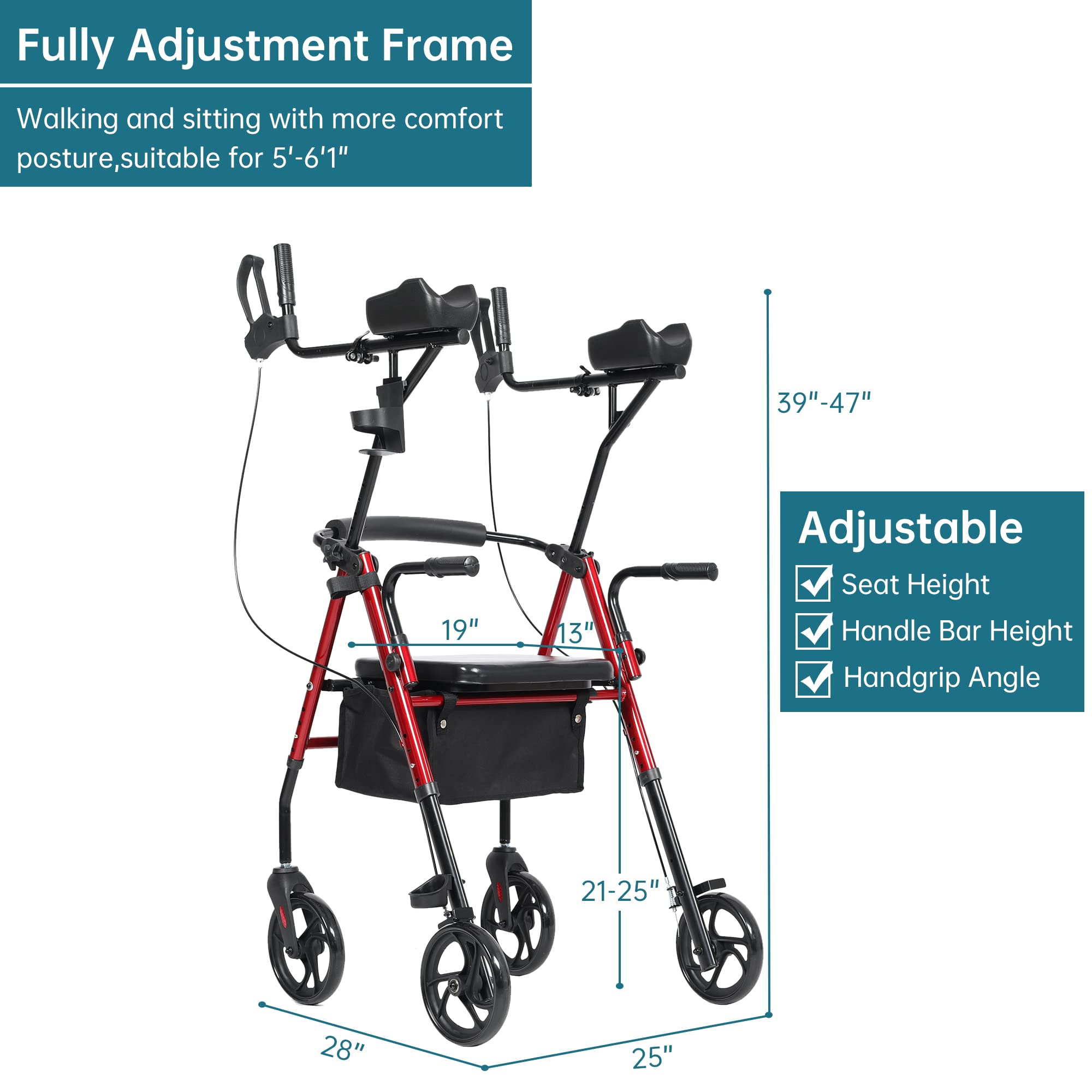 ELENKER Upright Walker, Stand Up Rollator Walker with Padded Seat and Backrest, Lightweight, Compact Folding, Fully Adjustment Frame for Seniors, Red