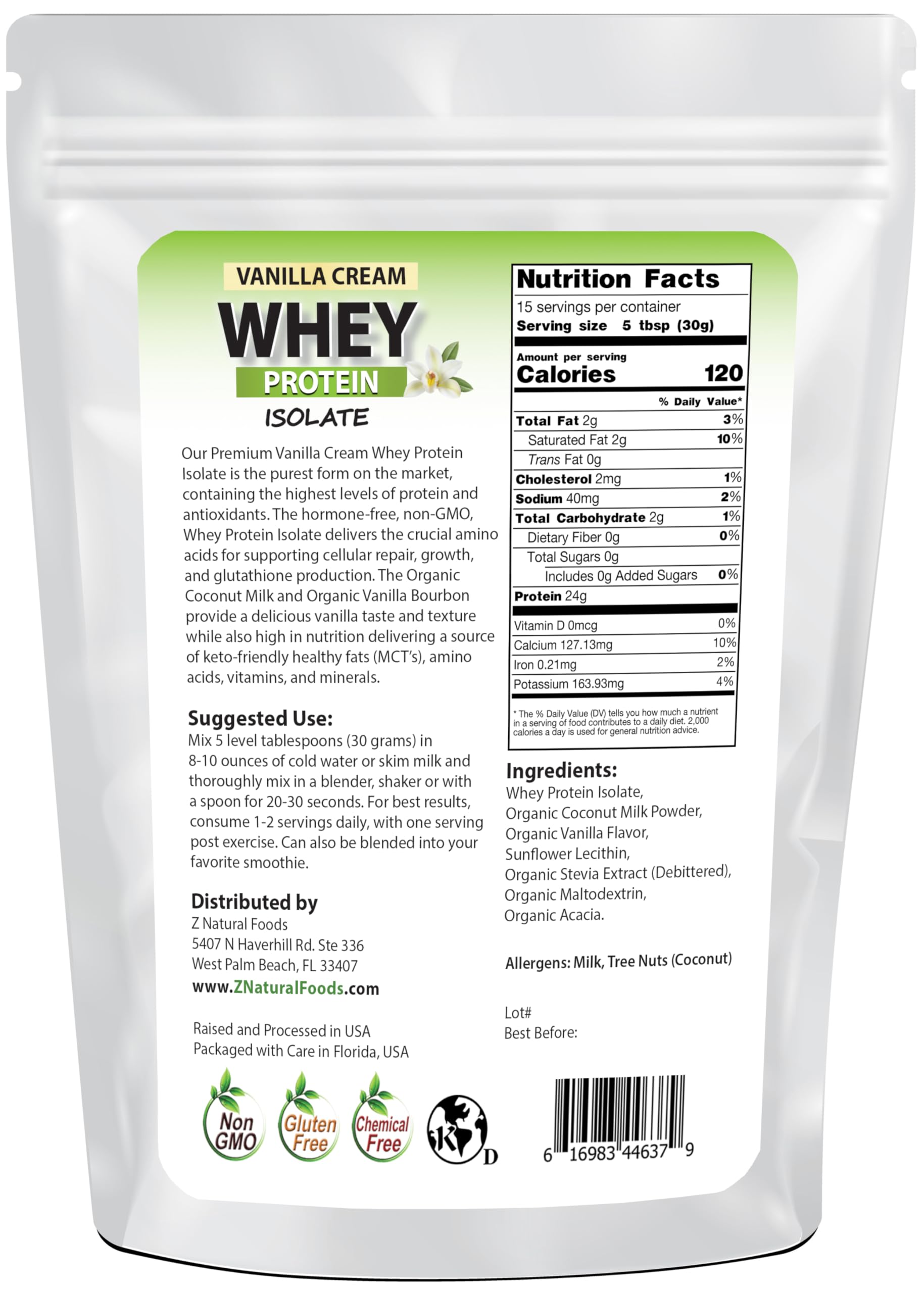 Z Natural Foods Vanilla Cream Whey Protein Isolate, Nutrition-Rich, Flavorful Protein Powder for Heart Health and Immunity, Great in Tea, Coffee, Smoothie, Non-GMO, Gluten-Free, Kosher, 1 lb.