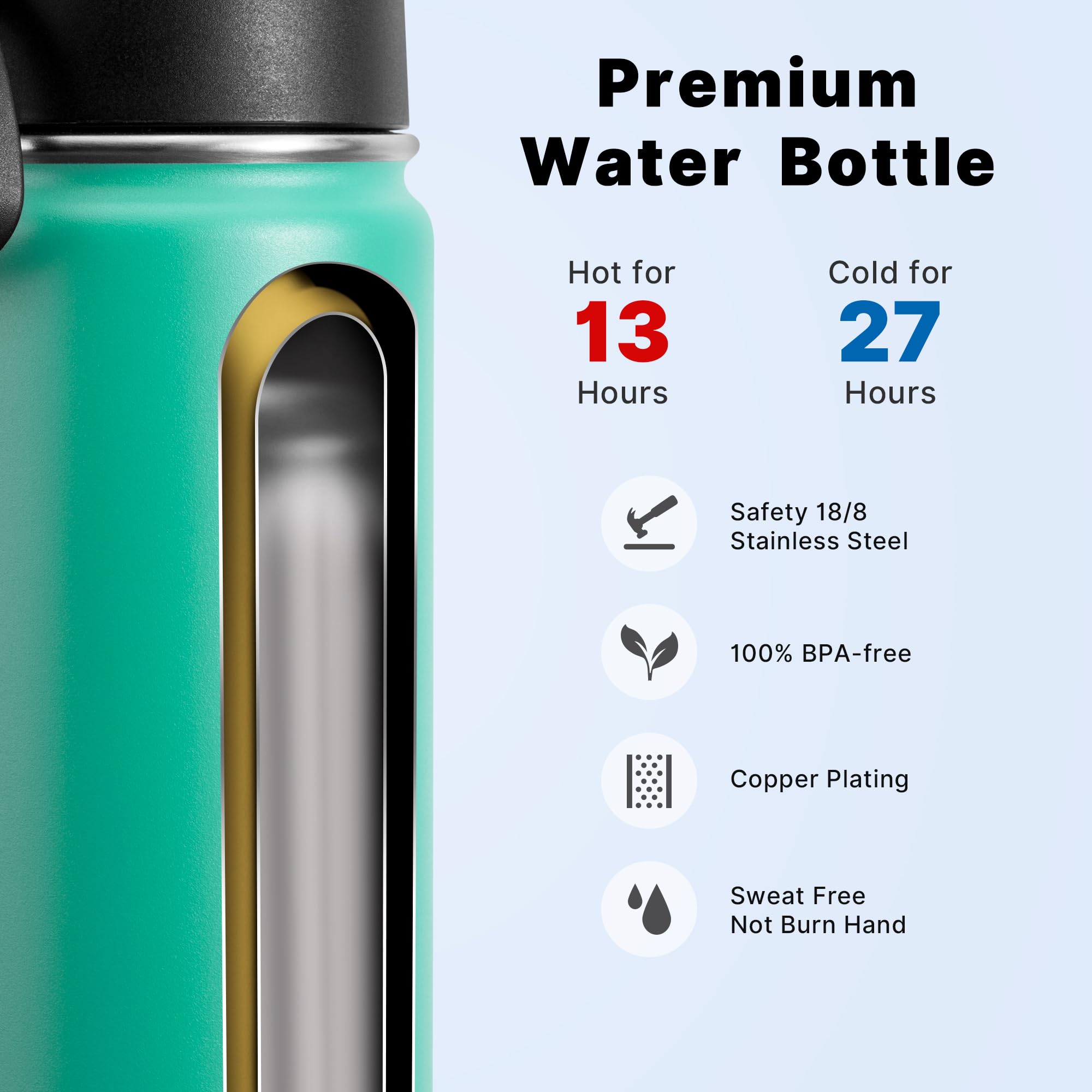 koodee Water Bottle-12 oz Stainless Steel Double Wall Vacuum Insulated Water Bottle for School-Wide Mouth Flask with Straw Lid (Teal)