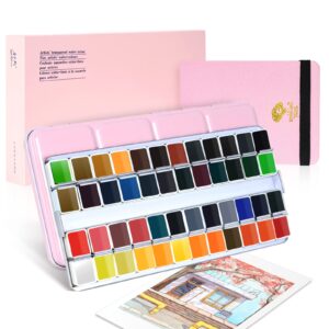 paul rubens watercolor paint artist grade, 48 colors watercolor paints set solid cakes with palette and watercolor journal 100% cotton hot press for artists painters