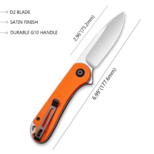 CIVIVI Elementum Folding Pocket Knife, 2.96" D2 Satin Blade,G-10 Handles, Liner Lock, Deep Carry Pocket Clip C907R (Orange)