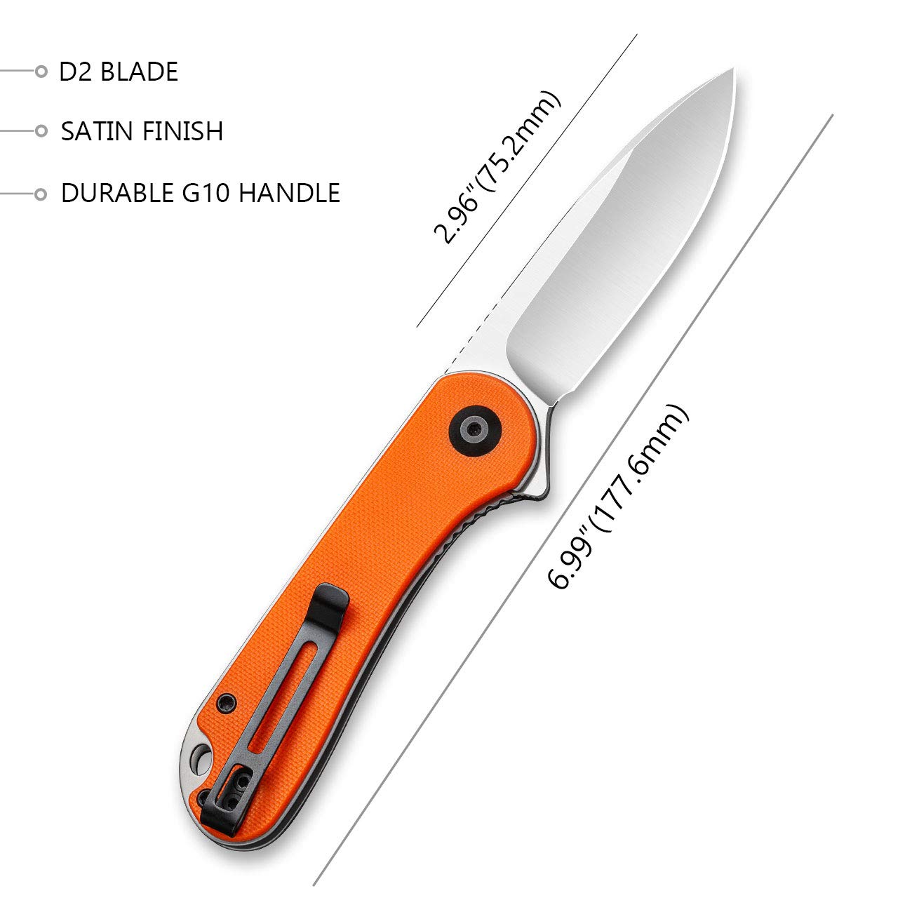 CIVIVI Elementum Folding Pocket Knife, 2.96" D2 Satin Blade,G-10 Handles, Liner Lock, Deep Carry Pocket Clip C907R (Orange)