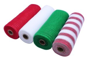 10 inch x 30 feet each roll-yycraft christmas decorative metallic foil poly mesh-4 rolls for crafting wire wreath making craft(red, white, emerald green, red/white)