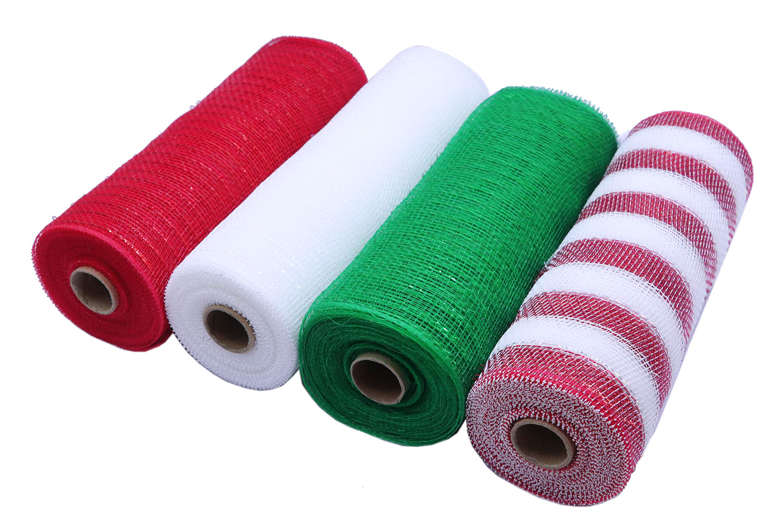 10 inch x 30 feet Each Roll-YYCRAFT Christmas Decorative Metallic Foil Poly Mesh-4 Rolls for Crafting Wire Wreath Making Craft(Red, White, Emerald Green, Red/White)