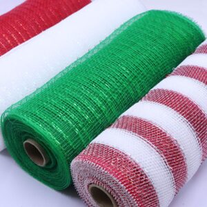 10 inch x 30 feet Each Roll-YYCRAFT Christmas Decorative Metallic Foil Poly Mesh-4 Rolls for Crafting Wire Wreath Making Craft(Red, White, Emerald Green, Red/White)