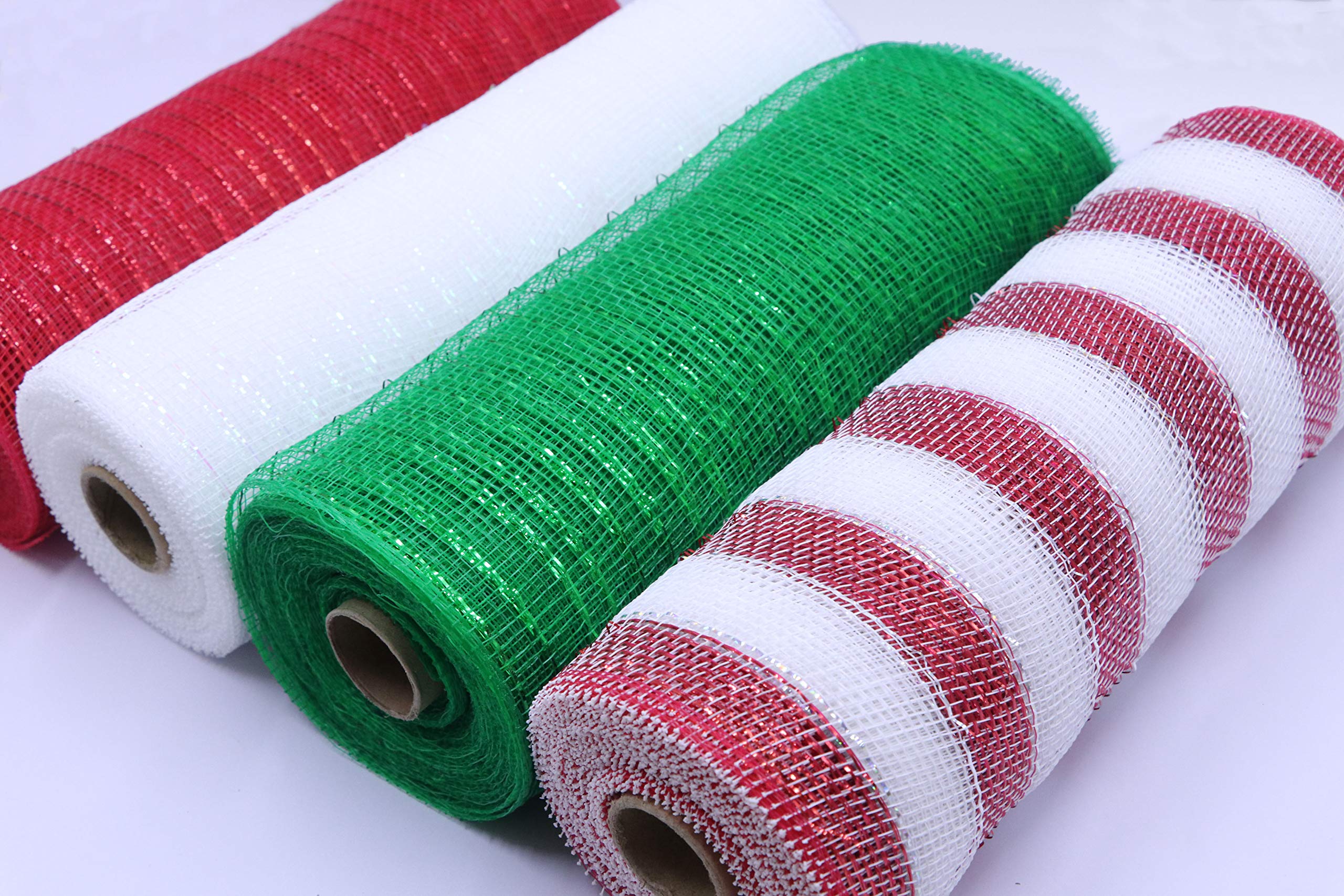 10 inch x 30 feet Each Roll-YYCRAFT Christmas Decorative Metallic Foil Poly Mesh-4 Rolls for Crafting Wire Wreath Making Craft(Red, White, Emerald Green, Red/White)