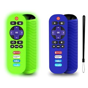 2 pack silicone case for tcl roku tv rc280 remote, protective universal replacement lightweight shockproof tcl roku tv remote cover with lanyard (blue+ glowing green)