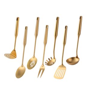 7 pcs round handle cooking utensil set, 304 stainless steel gold titanium plated cookware sets with public fork/spoon, potato mashers, slotted spatula, soup ladle, pasta server, kitchen tool gadget