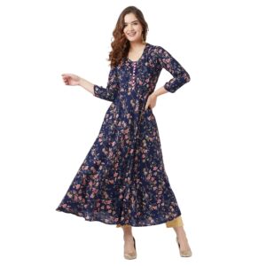 tissu women's navy blue & pink floral printed flared kurta (blue_s)