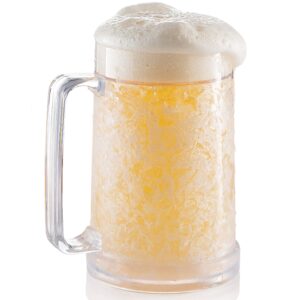 luxail freezer beer mug, double wall, insulated gel plastic pint freezable glass, 16 oz, clear 1 pack, chiller frosty cup, frozen ice mug, freezer cup.