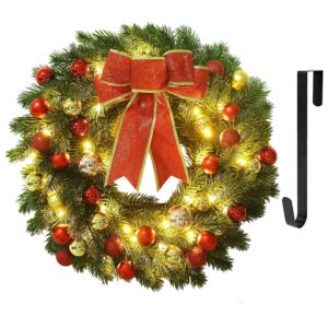 juegoal 16 inch pre-lit christmas wreath with metal hanger, large red bow and colored balls, battery operated with warm white 40 leds lights, front door spruce lighted wreath x-max decorations