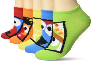 sesame street women's 5 pack no show socks, red prim multi, 9-11