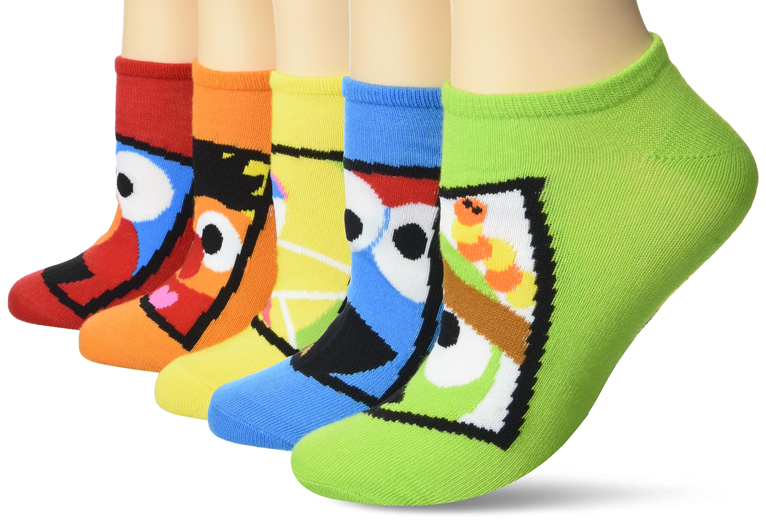 Sesame Street Women's 5 Pack No Show Socks, Red Prim Multi, 9-11